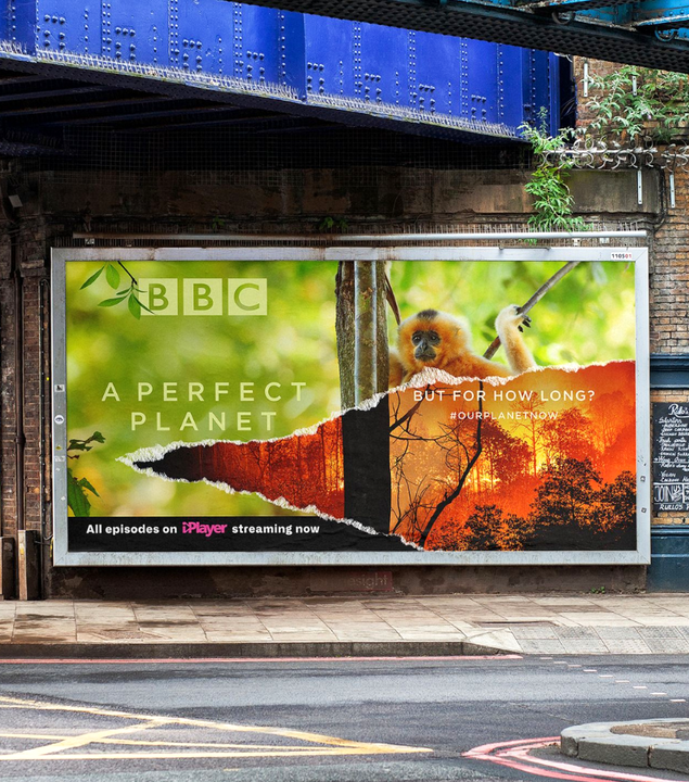 A new BBC campaign: "A Perfect Planet" billboards catch fire | Collater.al